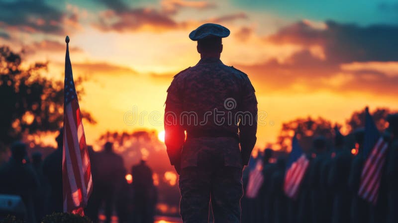 Silhouette of a Soldier at Sunset during a Memorial Ceremony Stock ...