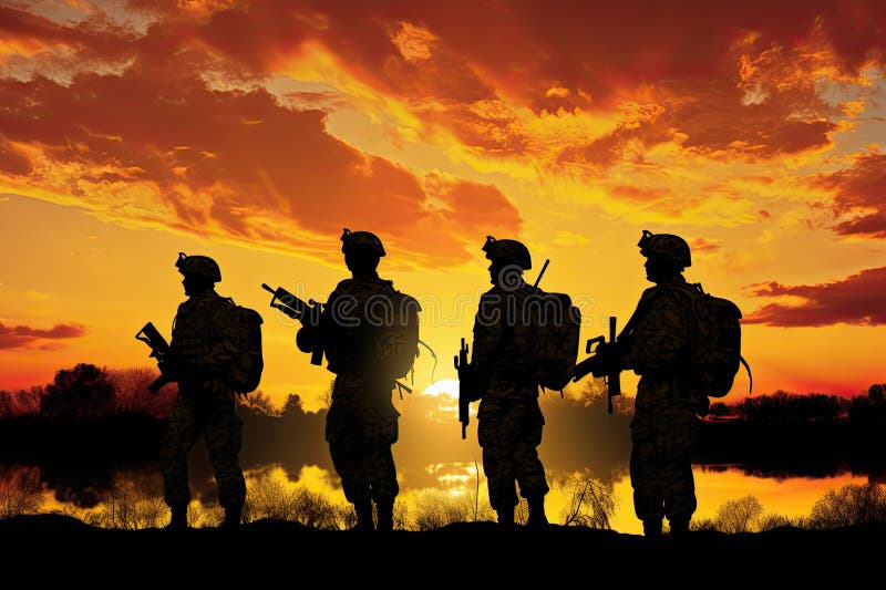 Silhouette of Soldiers on the Background of the Setting Sun Stock ...