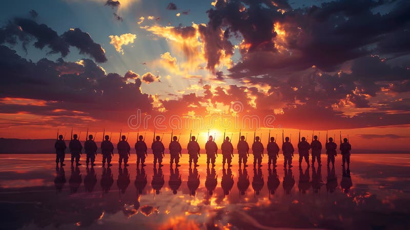 Silhouette of Soldiers Standing in Formation at Sunset with Dramatic ...
