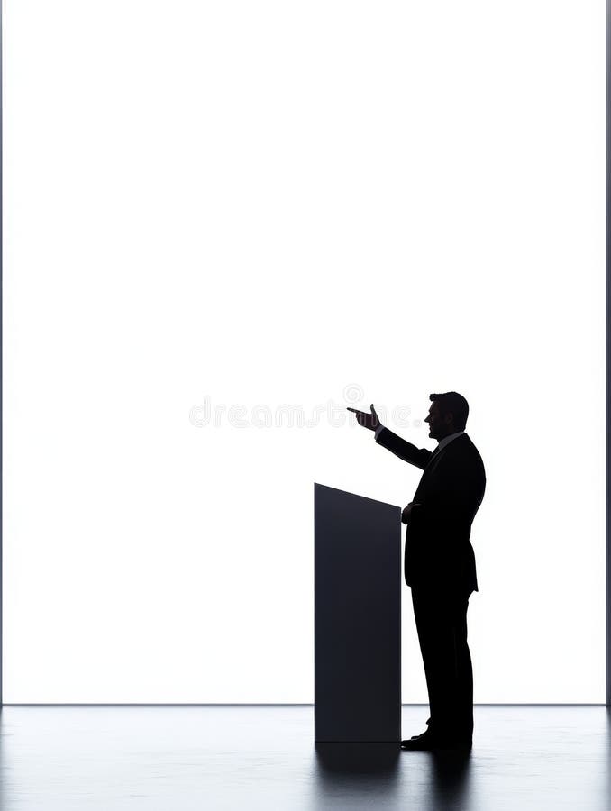 Silhouette of Speaker at Podium Gesturing Towards Blank Screen with ...
