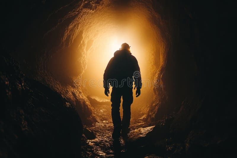Silhouette of a Spelunker Exploring a Dark Cave and Walking Towards the ...