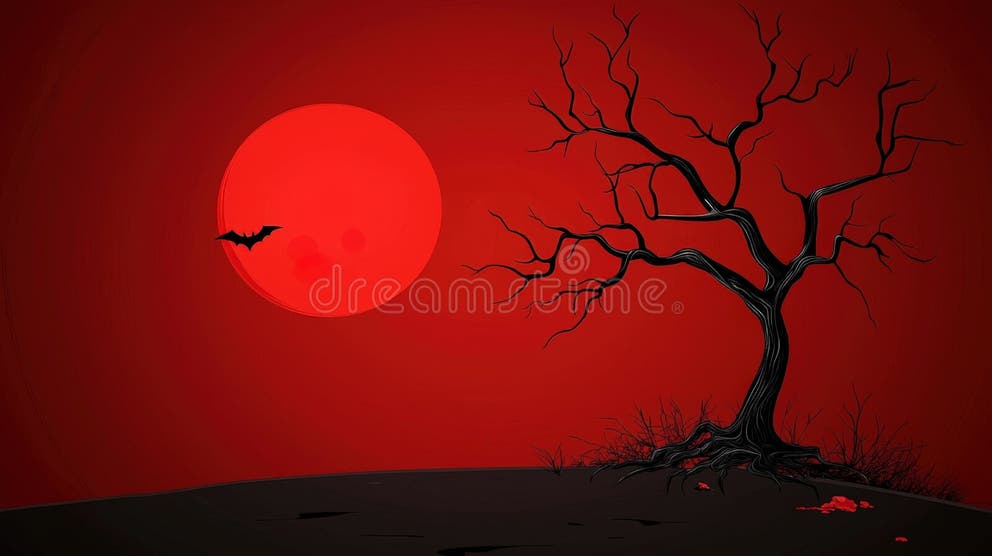 Silhouette of a Spooky Tree Against a Red Sunset with Flying Bats Stock ...