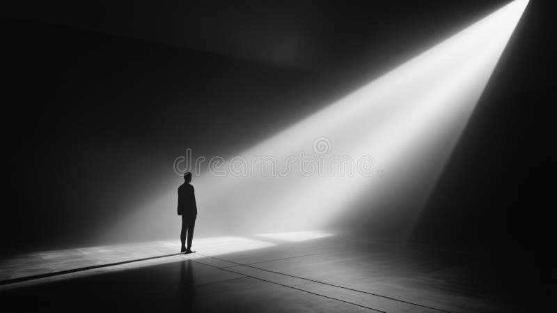Silhouette in Spotlight, Dramatic Lighting, Dark Environment, Solitary Figure Stock Photo ...