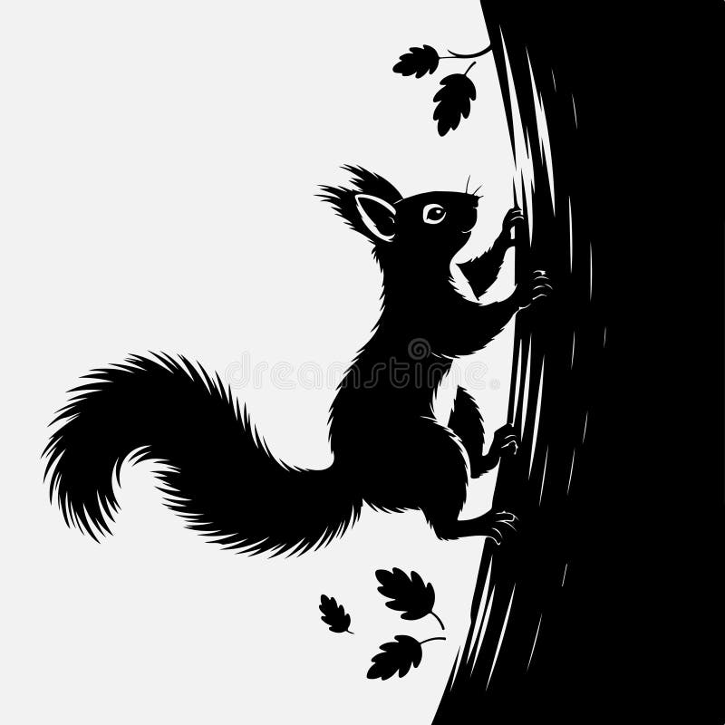 Silhouette of Squirrel Climbing Tree Trunk with Oak Leaves Stock ...