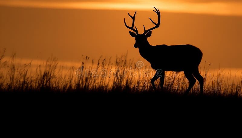 Silhouette of Stag Grazing in Meadow at Sunset Generated by AI Stock ...