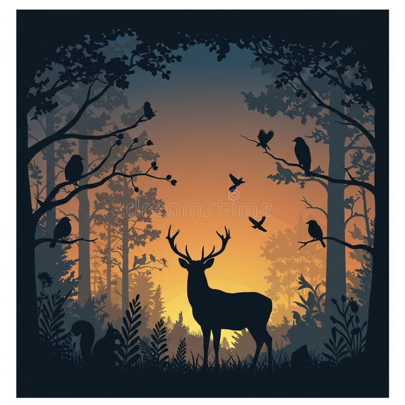 Silhouette of a Stag Standing Amid a Forest at Sunset. Birds Perch on ...