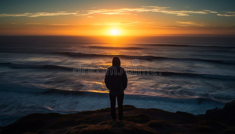 Silhouette Standing on Cliff, Admiring Tranquil Sunset Generated by AI ...