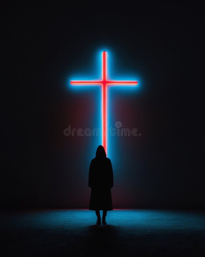A Silhouette Standing before a Glowing Neon Cross in a Dark Space ...