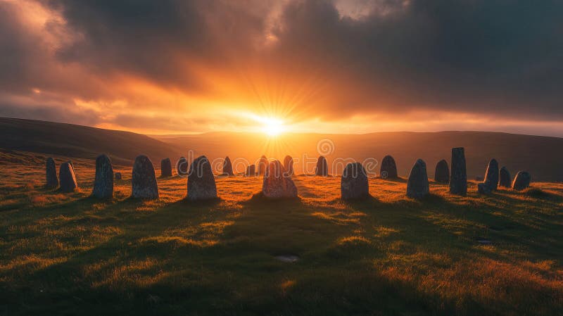 Silhouette of Stone Circle at Sunrise on Solstice, Dramatic Sun Rays ...