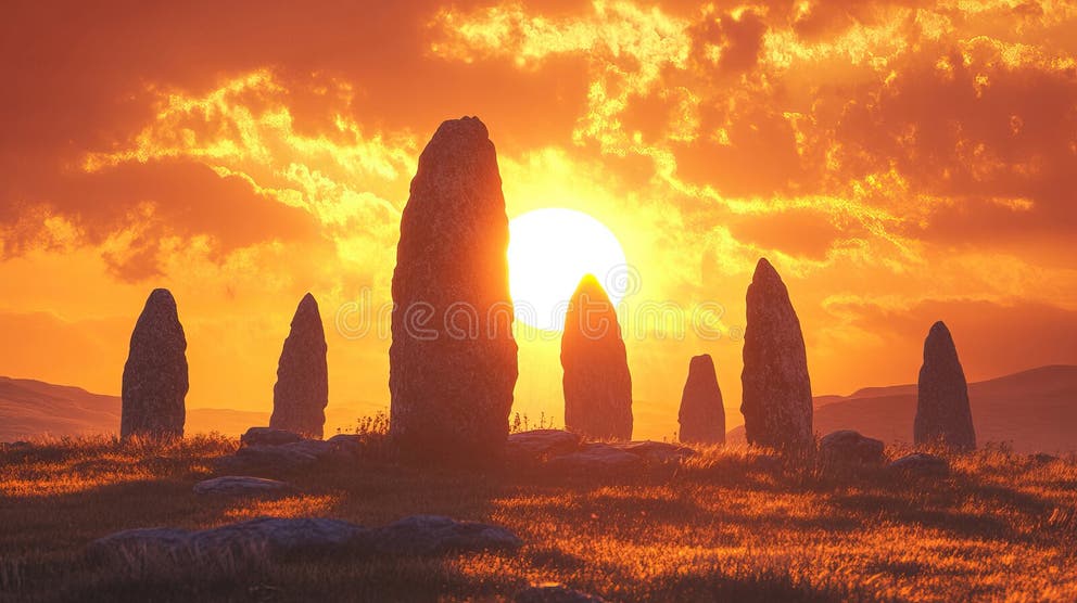 Silhouette of Stone Circle at Sunrise on Solstice, Dramatic Sun Rays ...