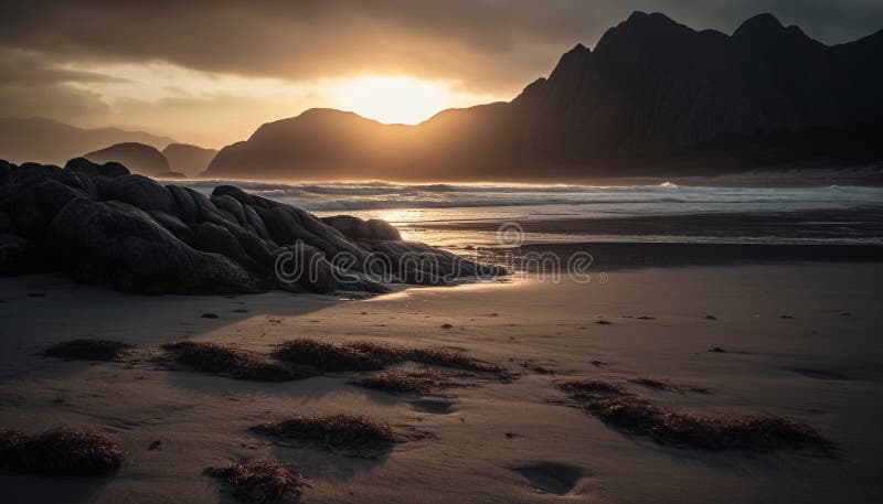 Silhouette of Stone Cliff at Waters Edge, Tranquil Dusk Generated by AI ...