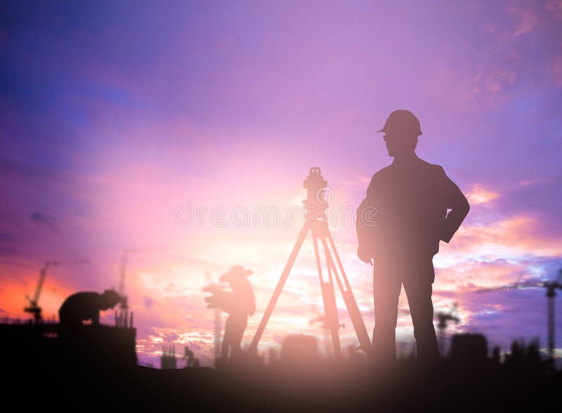Silhouette Successful Male Engineer Standing Survey Work on Cons Stock ...