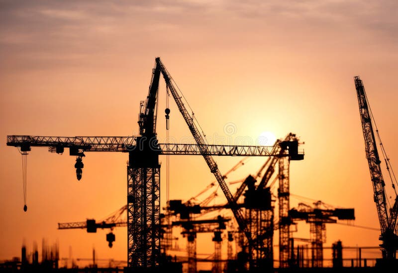 Silhouette Sunset Construction Cranes Engineering Crane Building ...