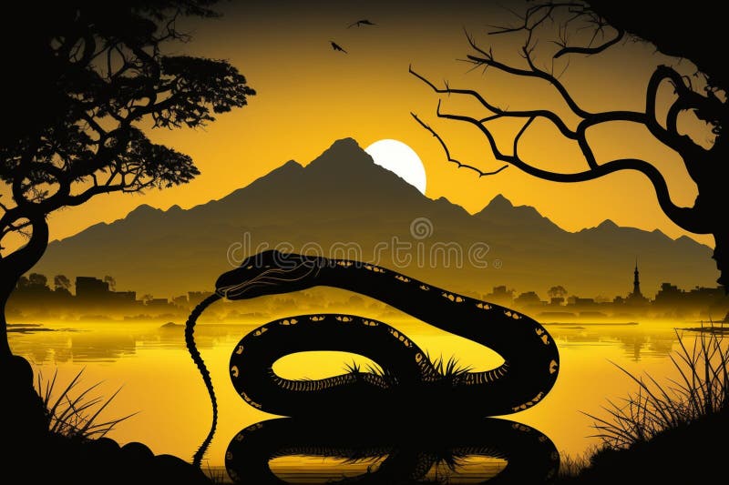Silhouette Sunset Snake, Illustration, Wild Animals, Art, Generative Ai ...