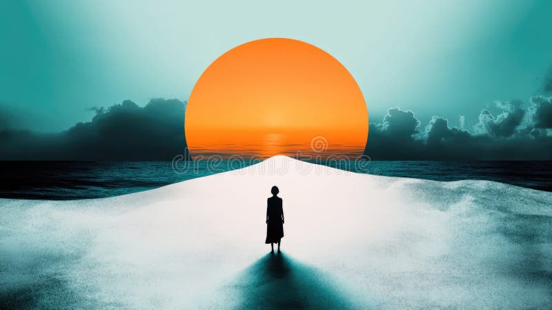 Silhouette at Sunset on Surreal Beach Scene Stock Image - Image of ...