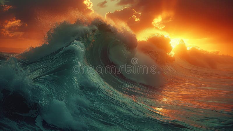 Silhouette of a Surfer Riding Giant Waves at Twilight, with Fading ...