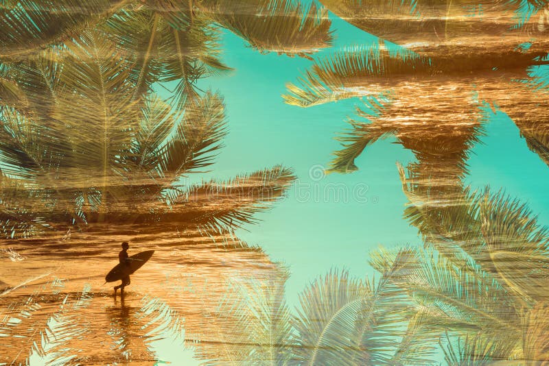 Silhouette of a Surfer at Sunset, Double Exposure Photography Stock ...