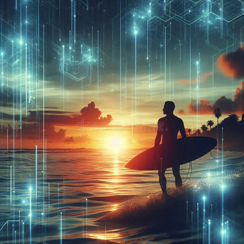 Silhouette of a Surfer at Sunset Intertwined with Futuristic Digital ...