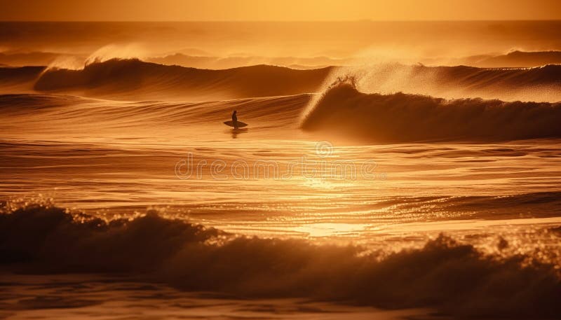 Silhouette Surfing at Dusk, Horizon Over Water Breaking Yellow Spray ...