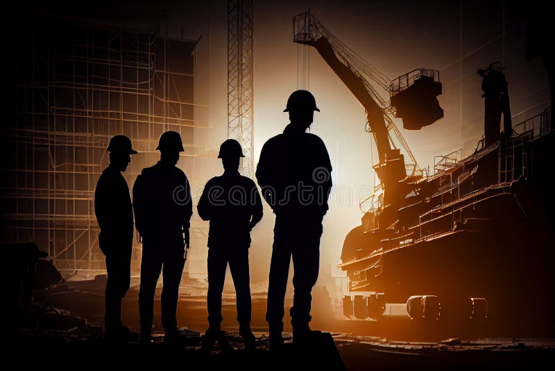 Silhouette of Survey Engineer and Construction Team Working at Site Over Blurred Industry ...
