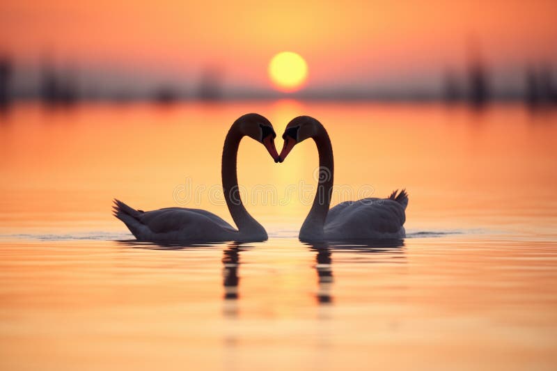 Silhouette of Swans at Sunset, Necks Form Heart Stock Image - Image of ...