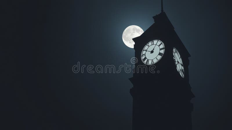 Silhouette Clock Tower Under Full Moon at Night Stock Illustration ...