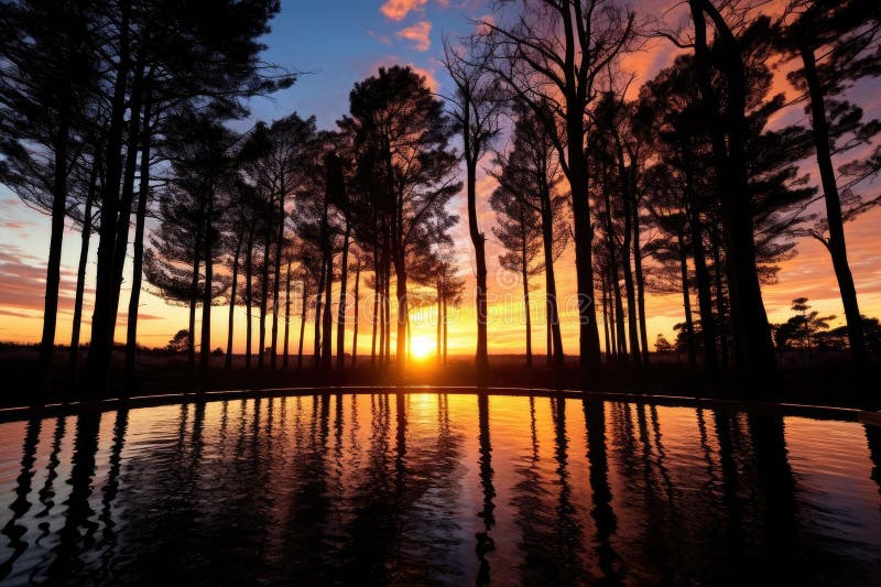 Silhouette of Tall Trees Around a Hot Spring at Sunset Stock Photo ...
