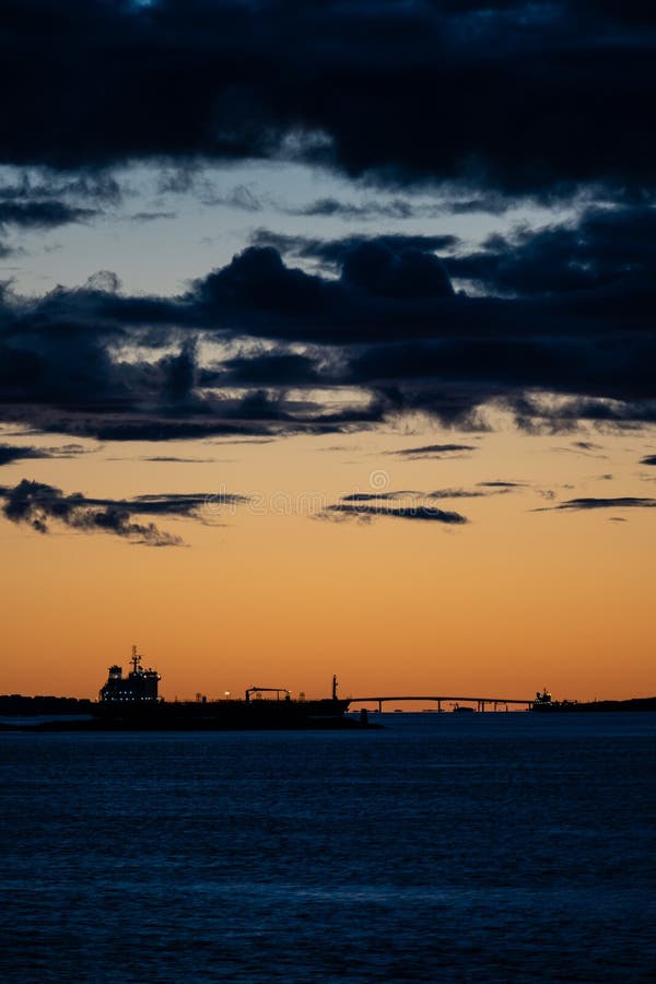 Silhouette of Tanker Ships in Sunset Light.. Stock Image - Image of ...