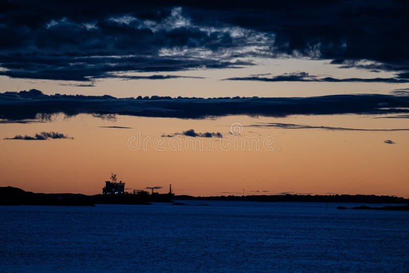 Silhouette of Tanker Ships in Sunset Light.. Stock Image - Image of ...