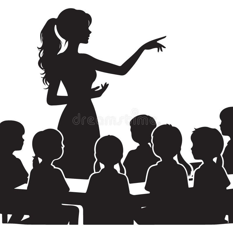 Silhouette Teacher Educating Students in Classroom Vector Illustration ...