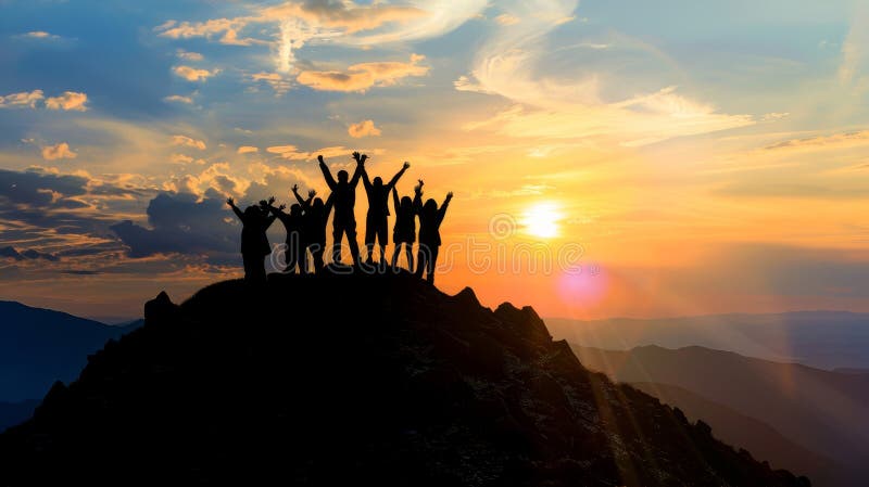 Silhouette of Team Cheering with Hands Up on the Mountain in the Sunset ...