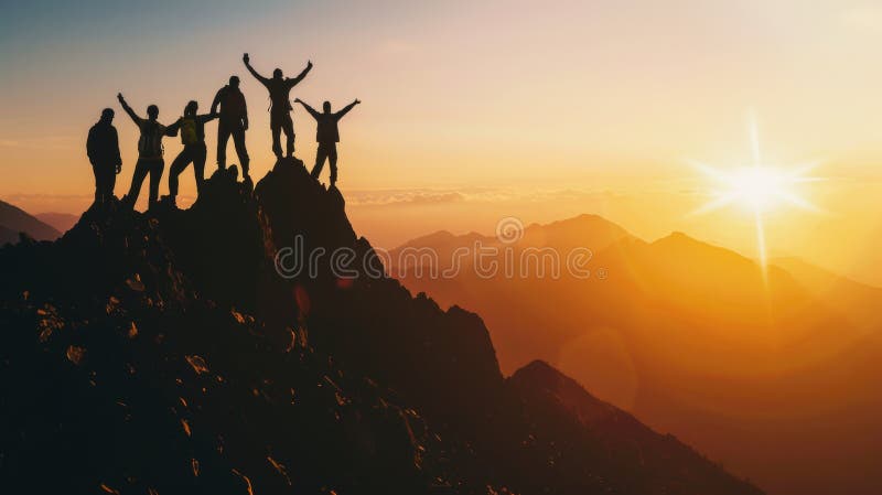Silhouette of Team Cheering with Hands Up on the Mountain in the Sunset ...