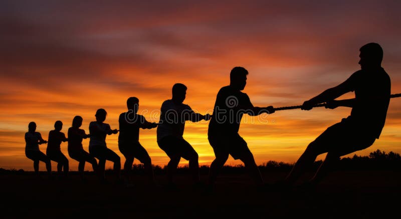 Silhouette Team Tug of War at Sunset, Teamwork, Unity, and Strength ...