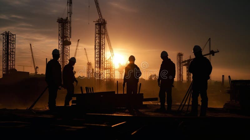 Silhouette of Teamwork, Construction Crew at Site Stock Illustration ...