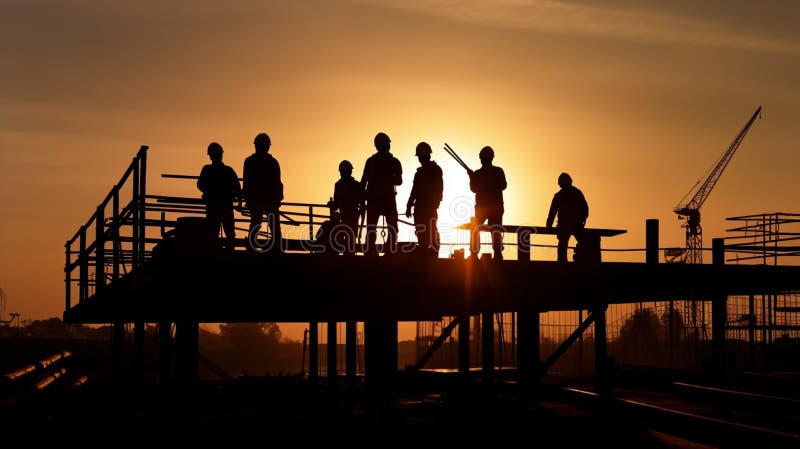 Silhouette of Teamwork, Construction Crew at Site Stock Illustration ...