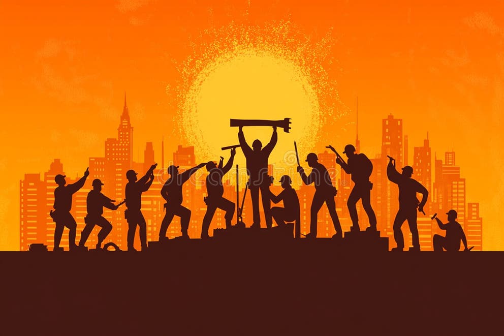 Silhouette Teamwork, Group of Laborers with Tools, Skyline Backdrop ...