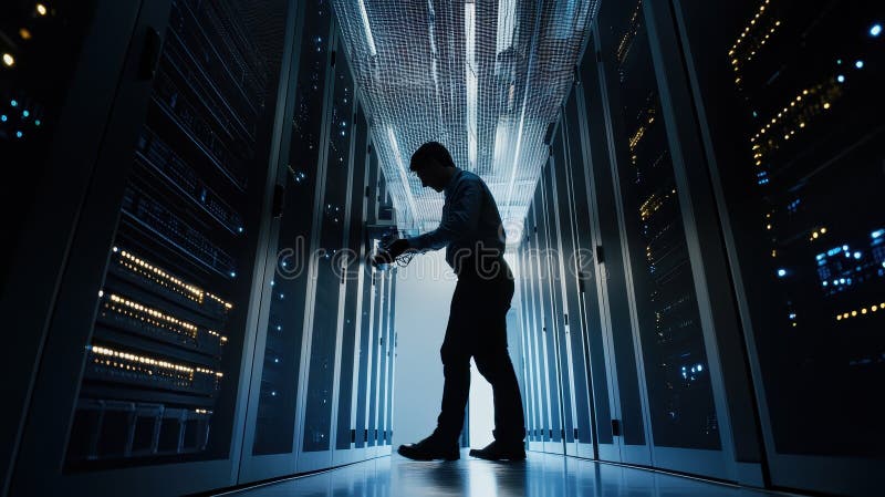 A Silhouette of a Technician Working in a Data Center, Managing Server ...