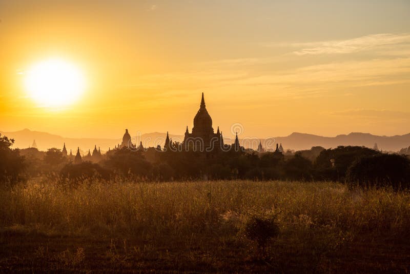 Silhouette of Temples in Bagan, Myanmar, in Front of the Setting Sun ...