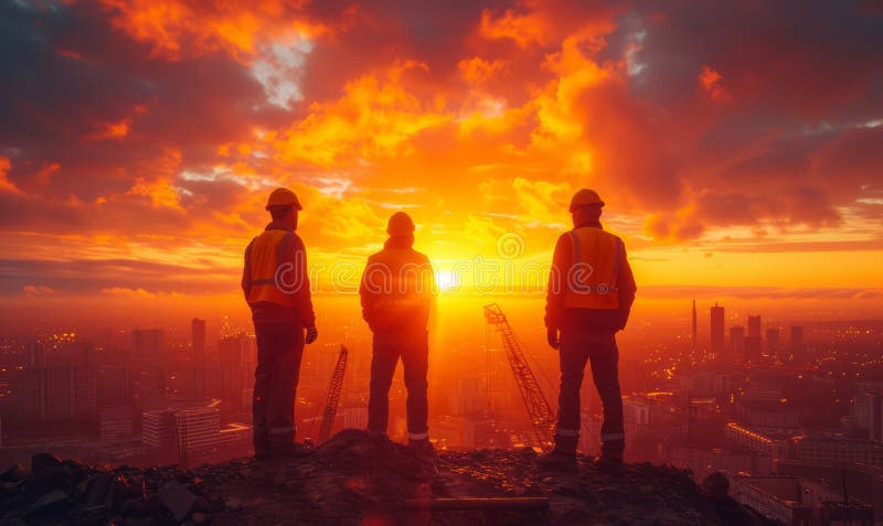 Silhouette of Three Engineers are Standing on the Construction Site and ...