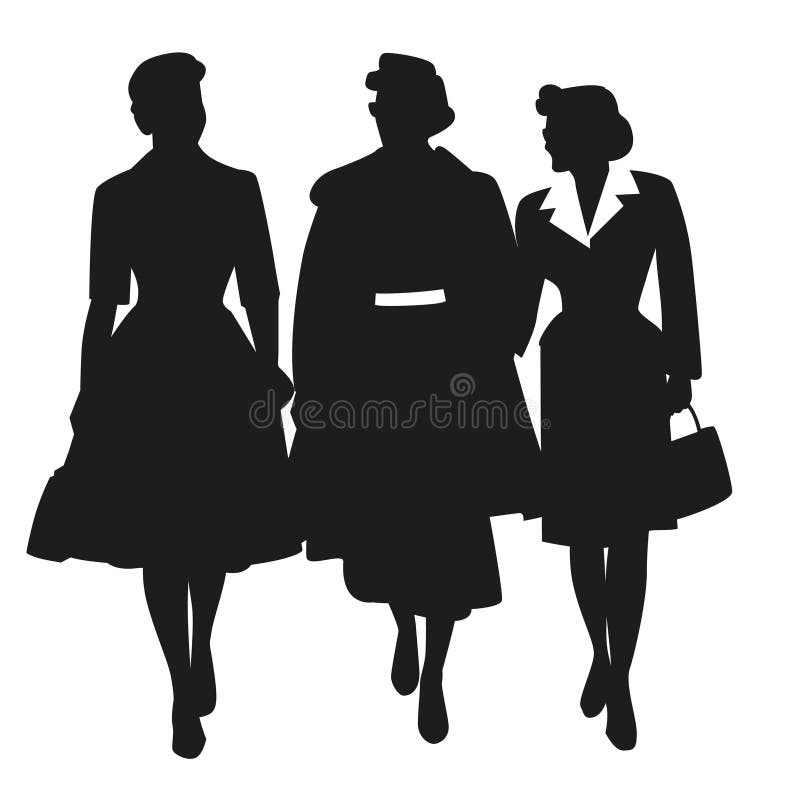 Silhouette of Three Ladies Dressed in Retro Style Walking Isolated on ...