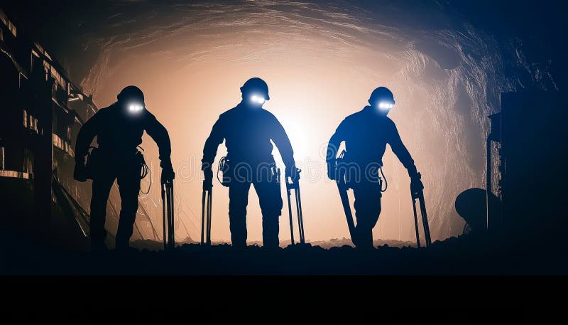 Silhouette of Three Miners with Headlamps Working Together Deep ...