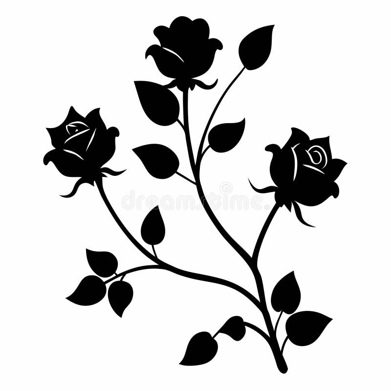 Silhouette Three Roses with Curving Stems and Leaves Create a Striking ...