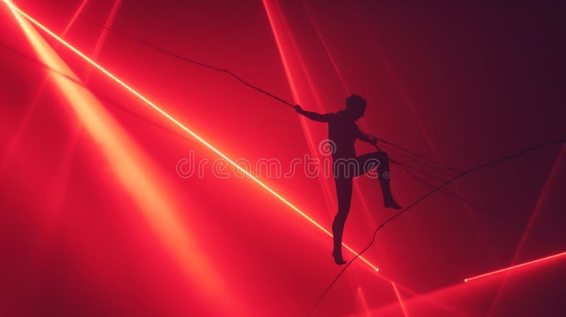 Silhouette of a Tightrope Walker Balancing with Red Laser Beams in ... Silhouette of a Tightrope Walker Balancing with Red Laser Beams in ...