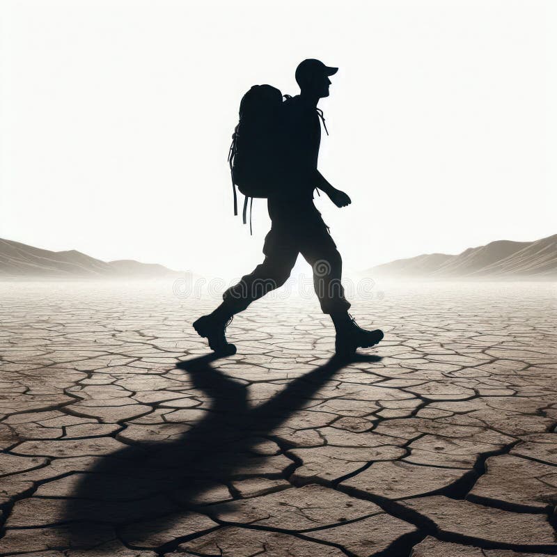 Silhouette of a Tourist with a Backpack Walking through the Desert ...