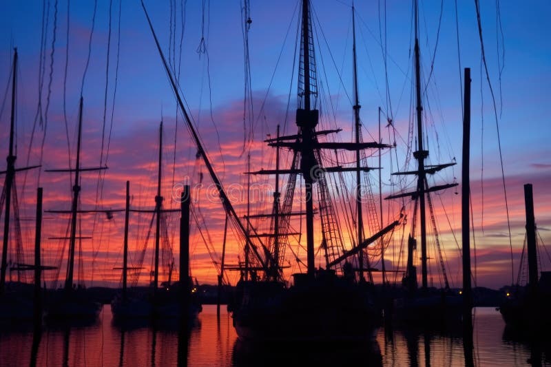 Silhouette of Trawlers Mast and Rigging Against Twilight Sky Stock ...