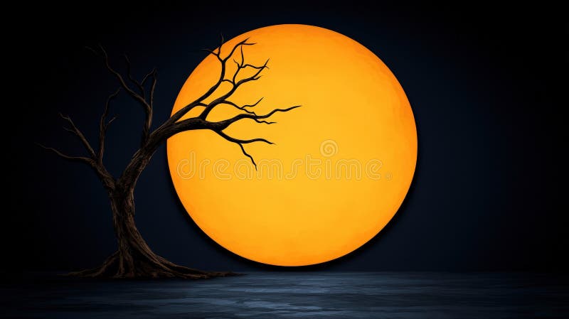 Silhouette of a Tree Against a Large Glowing Orange Moon at Night Stock ...