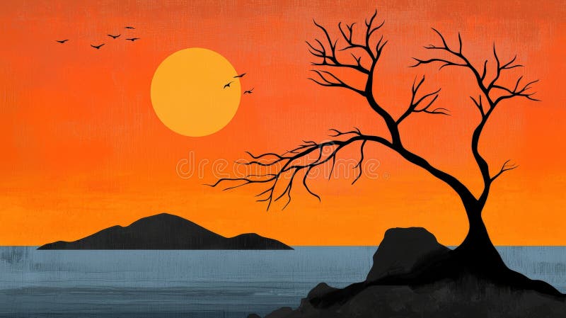 Silhouette Tree Against Sunset Scenery Stock Illustration ...