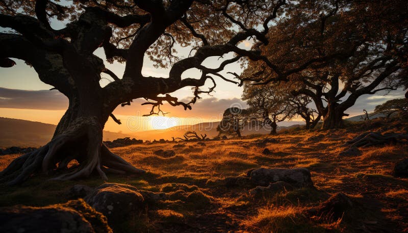 Silhouette of Tree Backlit by Orange Sunset, Nature Beauty Generated by ...