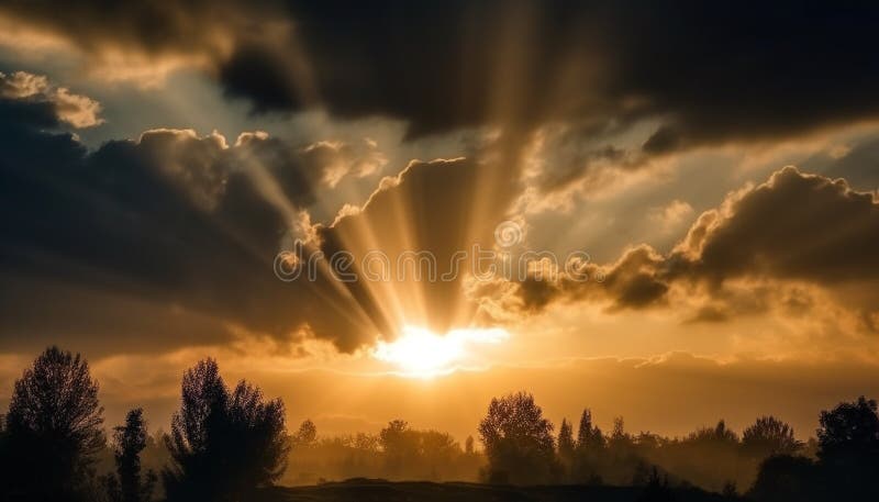 Silhouette Tree Backlit by Vibrant Sunset Sky Generated by AI Stock ...