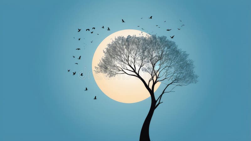 Silhouette of a Tree with Birds Flying Away in the Sunset Stock ...